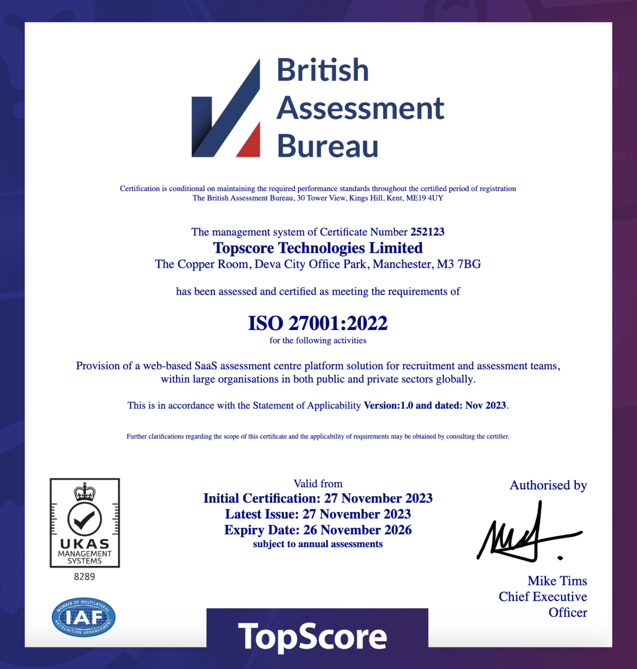 TopScore has achieved ISO 27001 Certification | Digital Assessment ...
